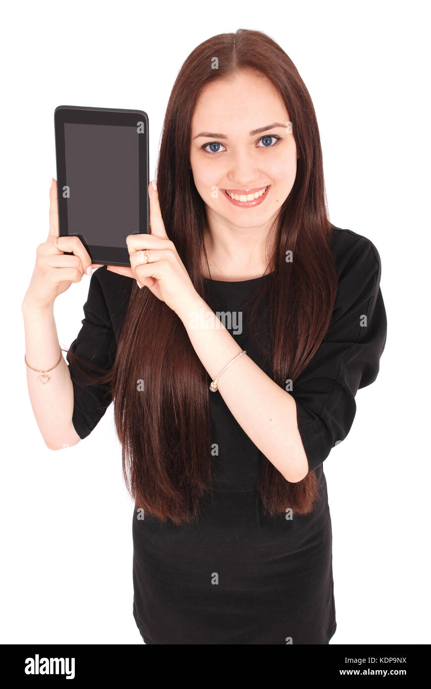Happy student teenage girl view from above and showing a tablet display ...