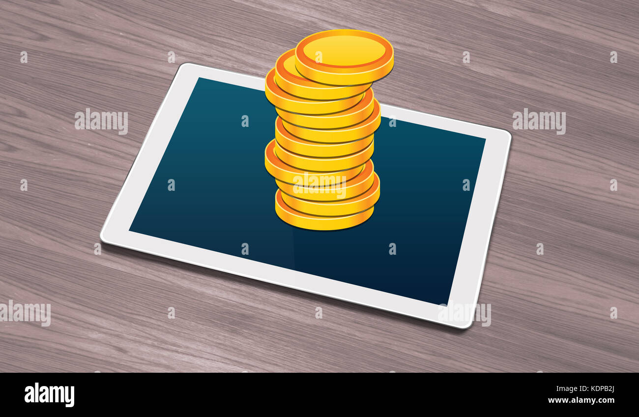 Stack of Golden Coins on Smart Tablet Stock Photo - Alamy