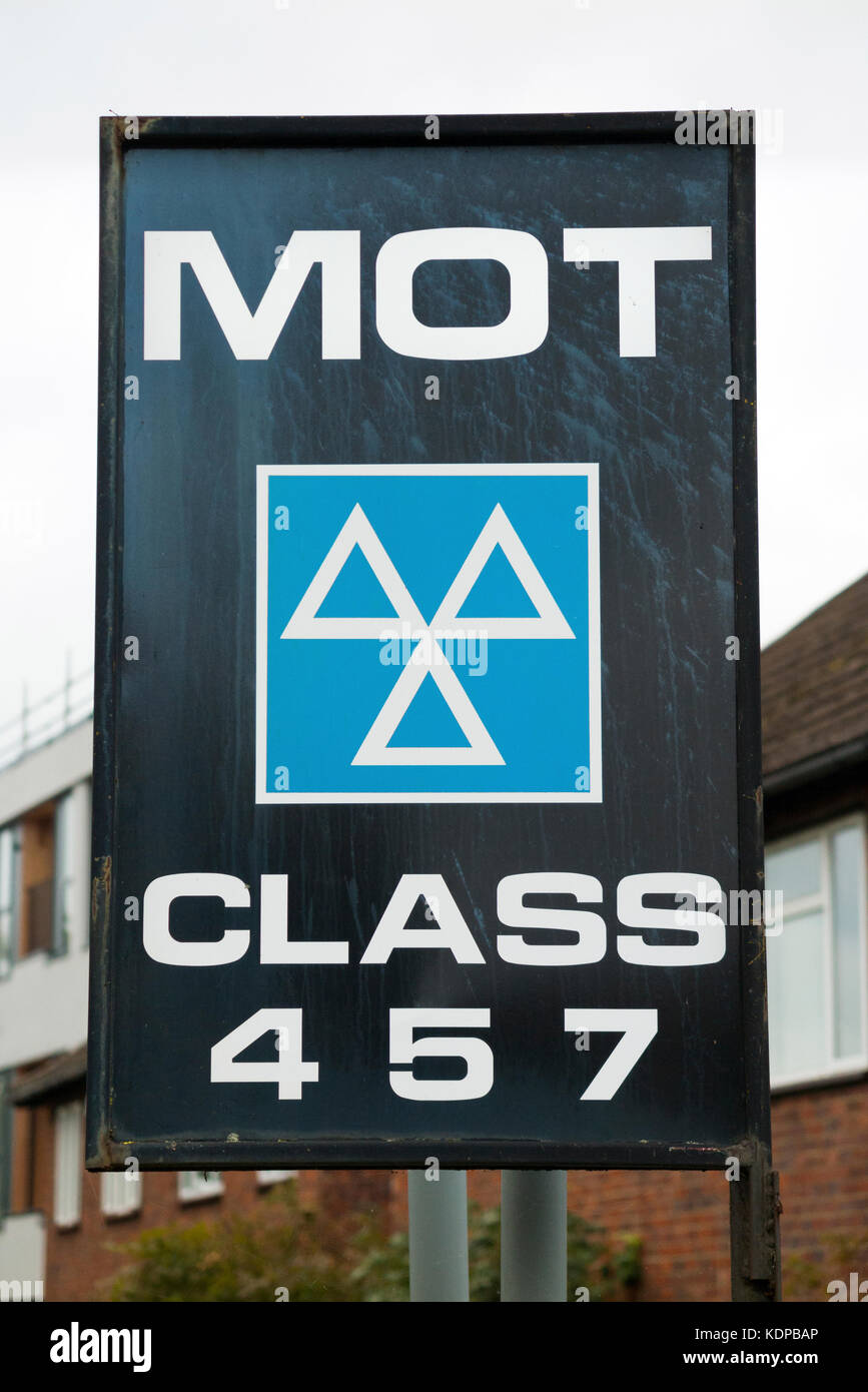 MOT / MOTs sign / logo for Class 4 5 7 vehicles at a garage which is ...
