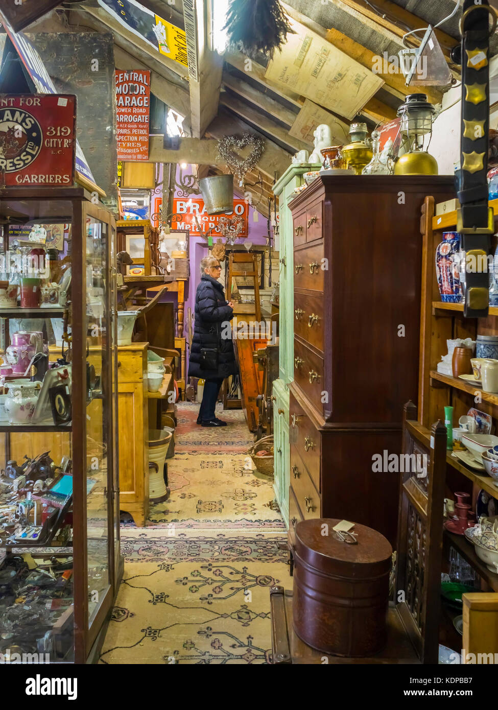Woman shopping in a rural antique shop with a collection of historic ...