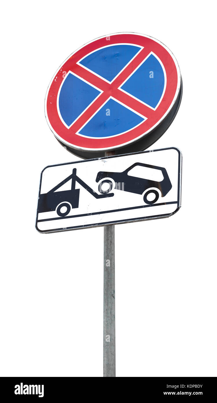 Standing is prohibited, evacuation on tow truck. Road sign isolated on ...