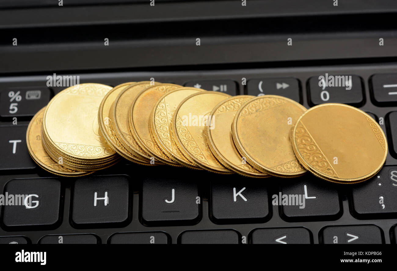 Golden Falling Coins on Keyboard - Crash Financial concept Stock Photo ...