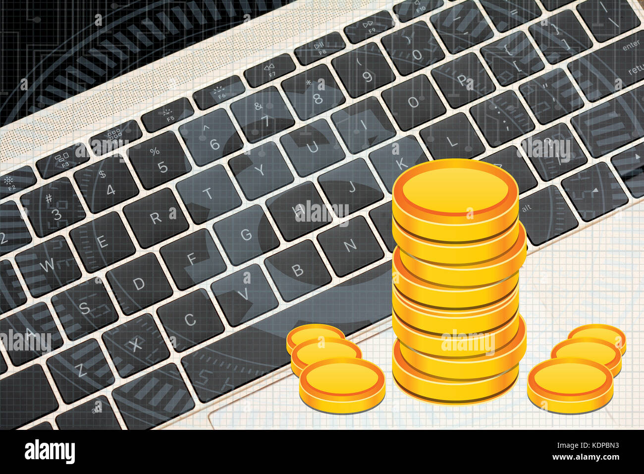 Gold Coins Stack on laptop keyboard earning concept Stock Photo - Alamy