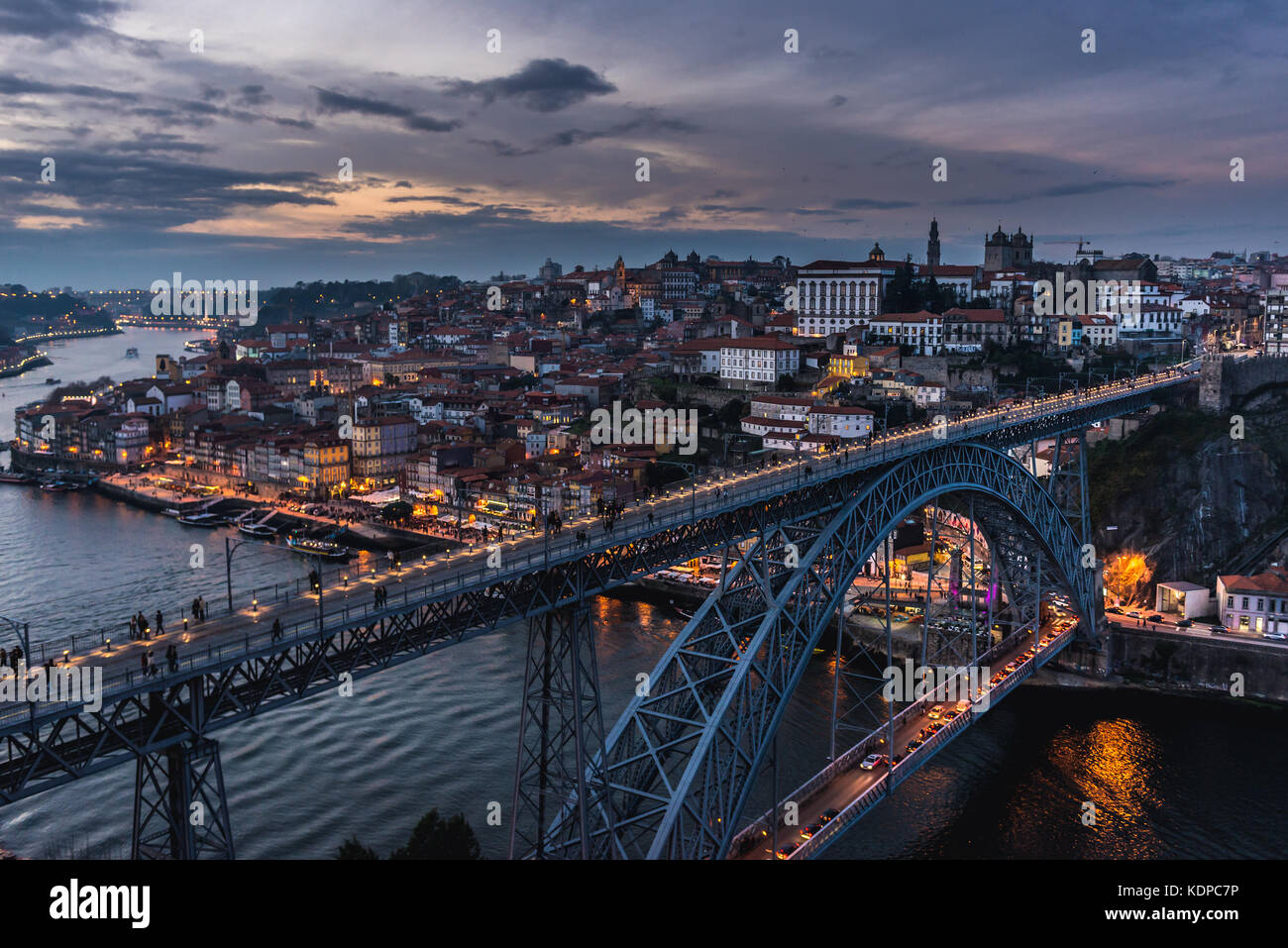 Evening view of Dom Luis I Bridge in Porto city, second largest city in ...