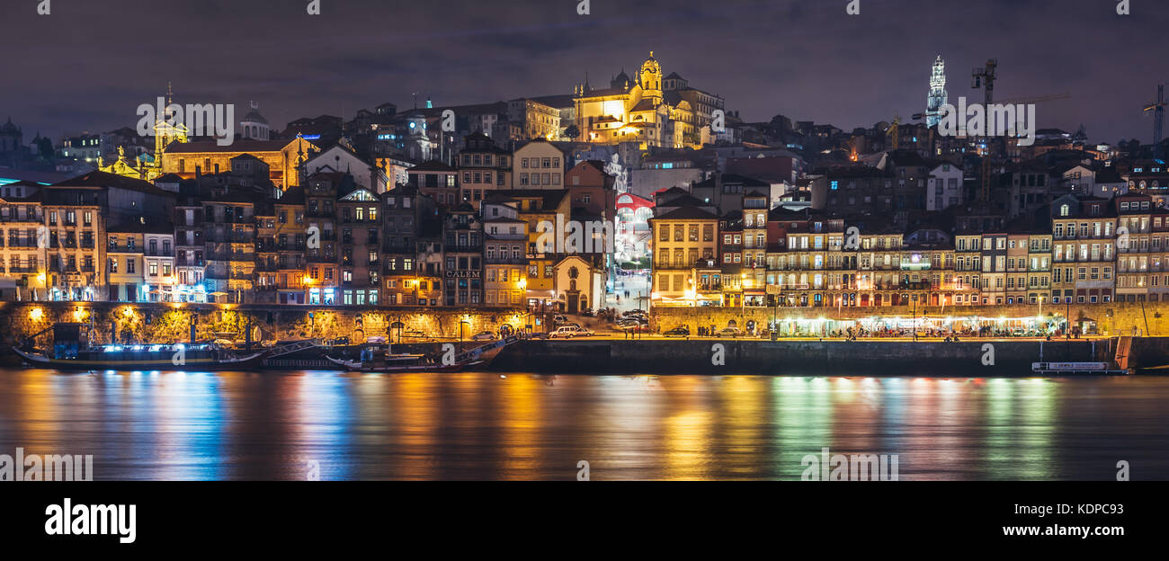 View from Vila Nova de Gaia city on a lights of Porto riverfront and ...