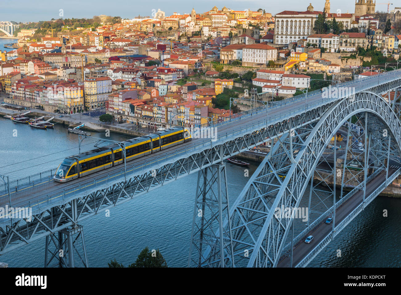 Eurotram light railway train on Dom Luis I Bridge over Douro River ...