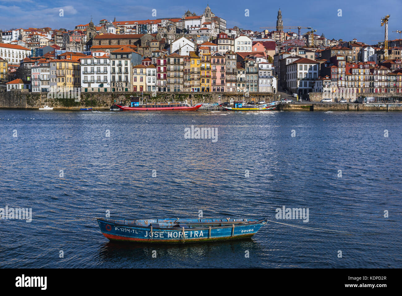 Old fishing dinghy on a Douro River seen from bank of Douro River in ...