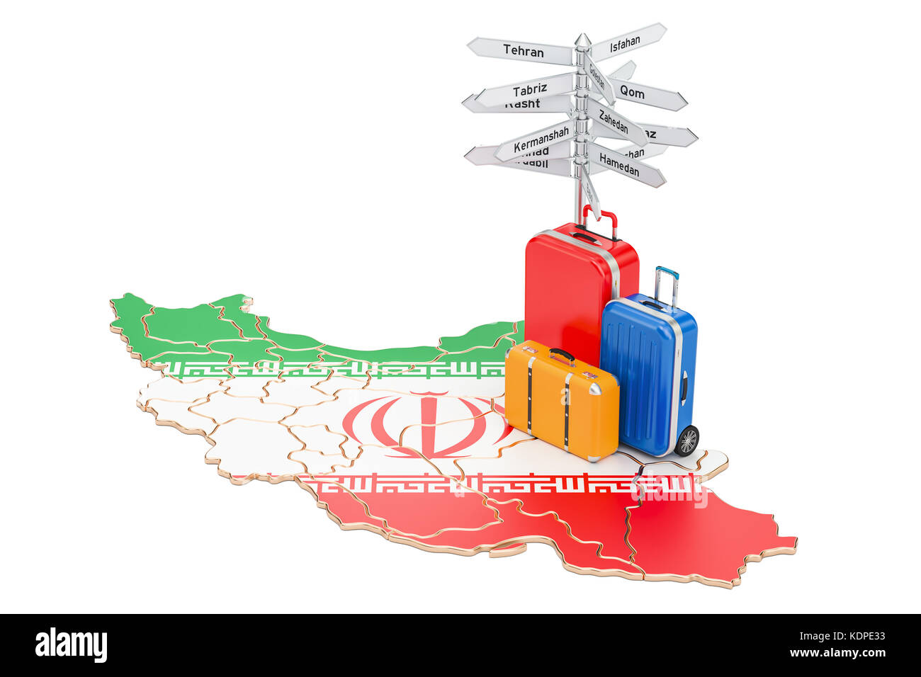 Iran travel concept. Iranian flag on map with suitcases and signpost ...