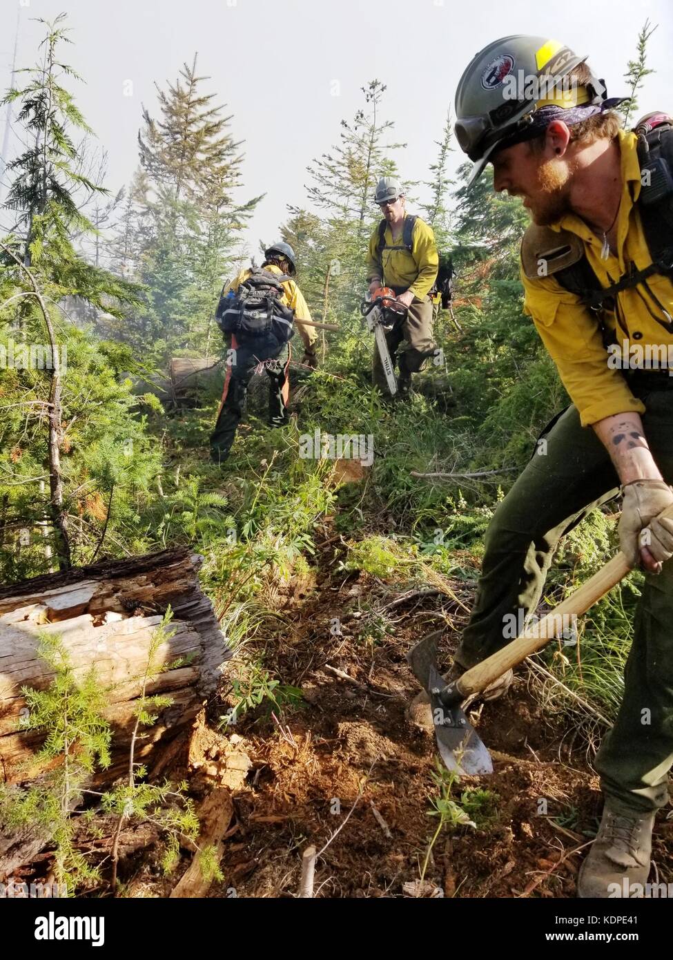 Backcountry fire fighters hand dig a fire line in the Jones Complex ...