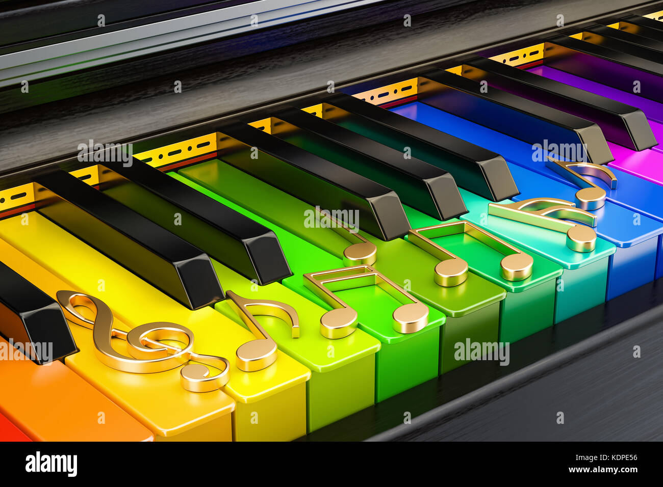 Piano colored keyboard with music notes, music concept. 3D rendering ...