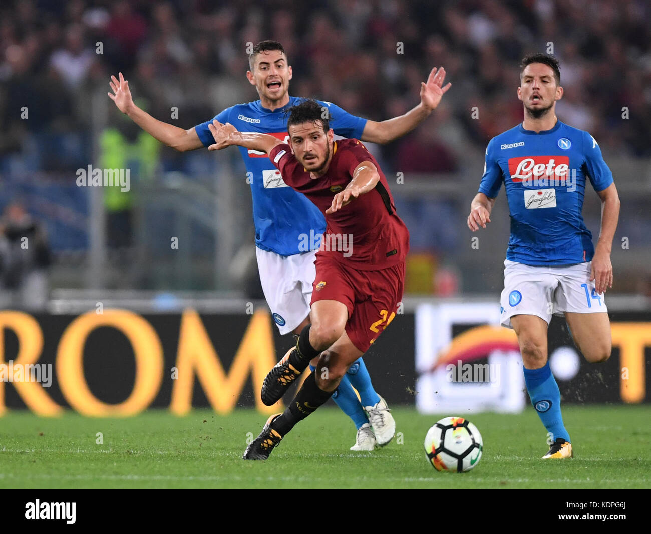 Roma, Italy. 14th Oct, 2017. Roma's Alessandro Florenzi (C) competes ...