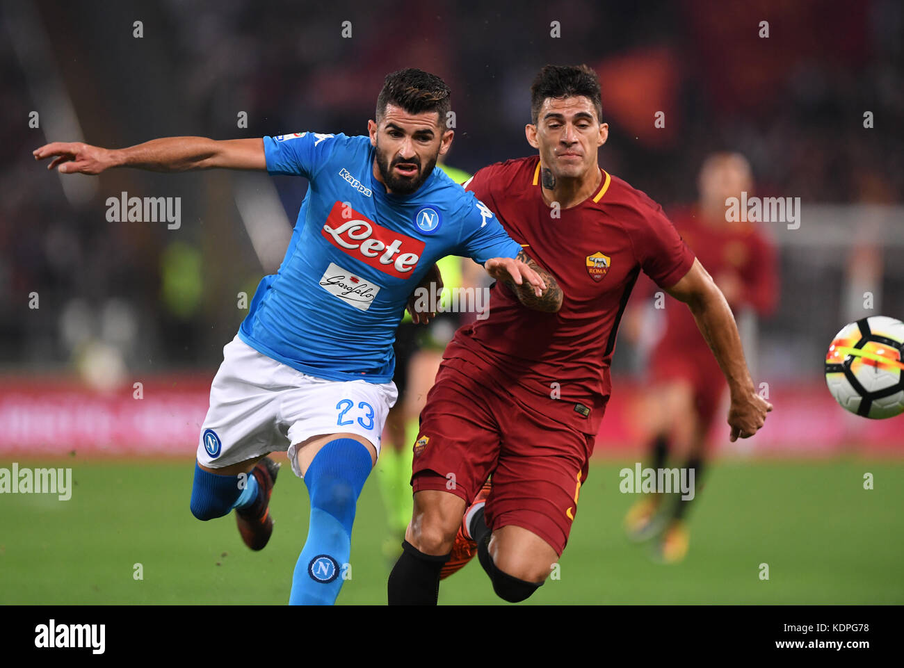 Roma, Italy. 14th Oct, 2017. Napoli's Elsie Hysaj (L) vies with Roma's ...
