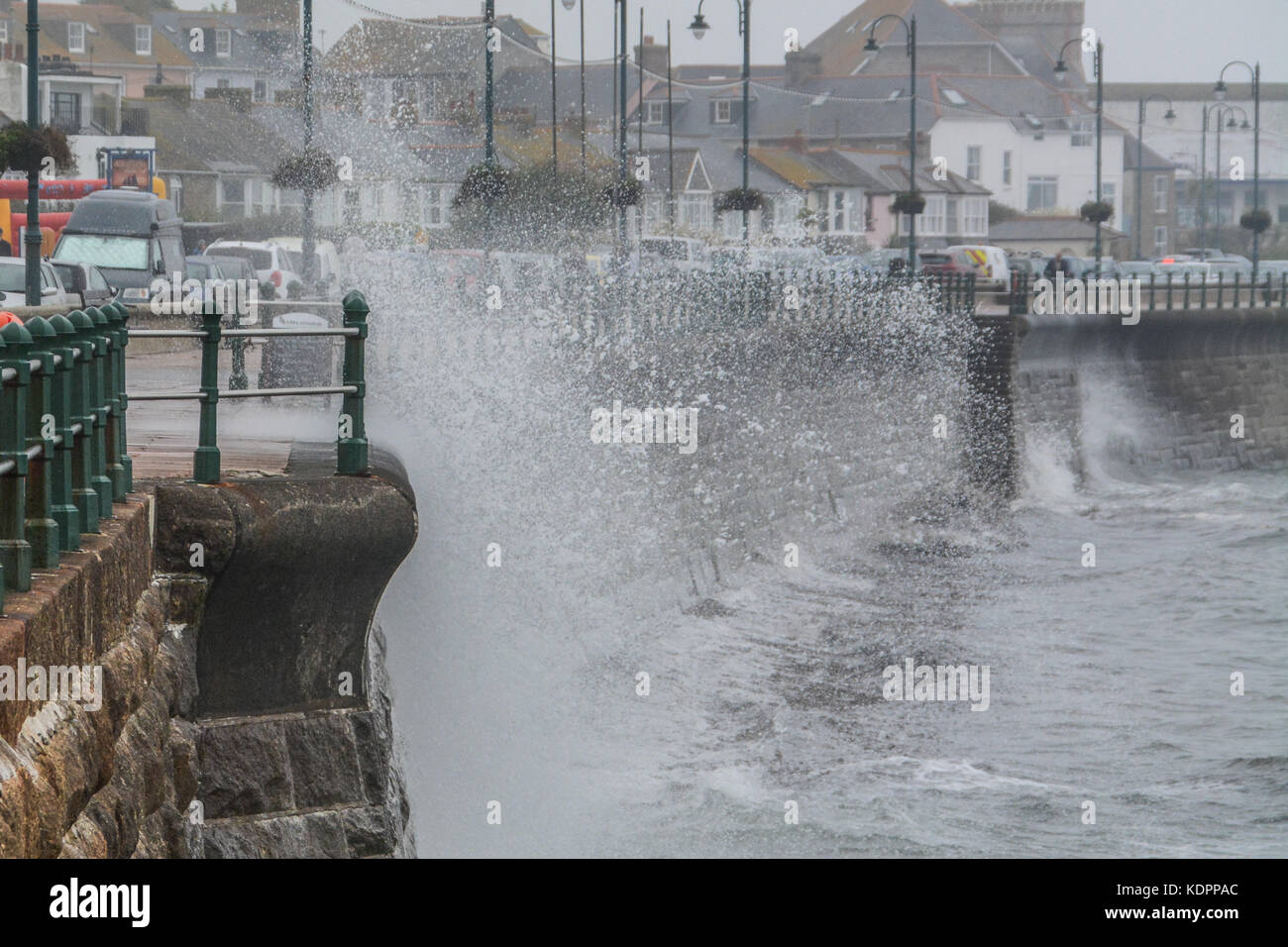 Penzance, Cornwall, UK. 15th October 2017. UK Weather. With the wind ...