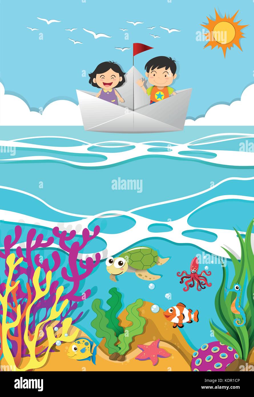 Kids rowing on paper boat illustration Stock Vector Image & Art - Alamy
