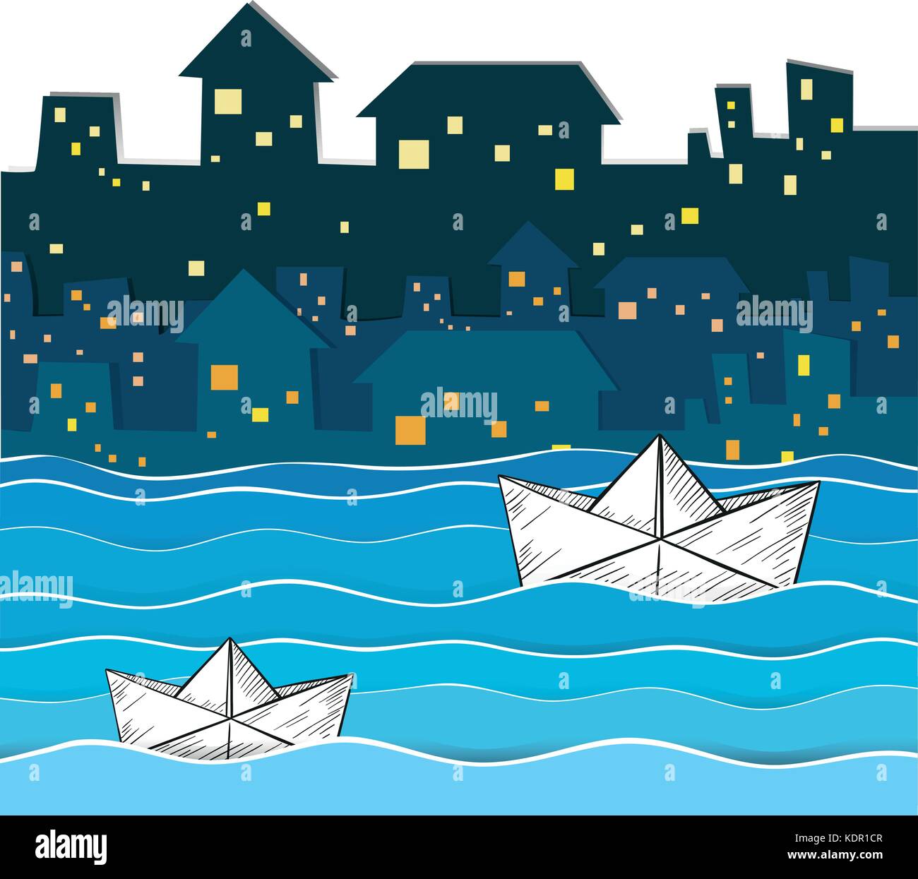 Paper boats floating along the river in city illustration Stock Vector ...