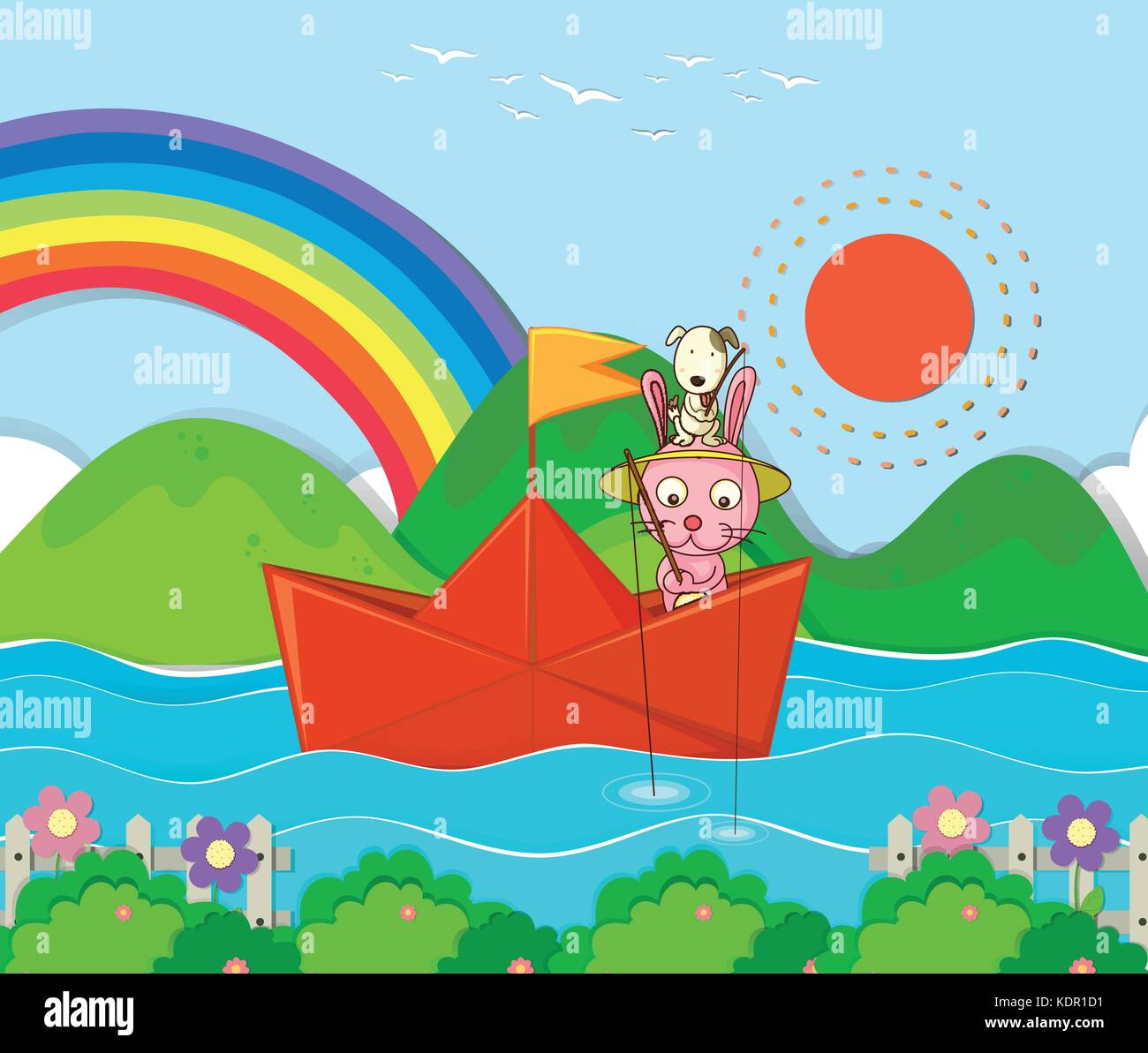 Rabbit fishing in paperboat in the river illustration Stock Vector ...