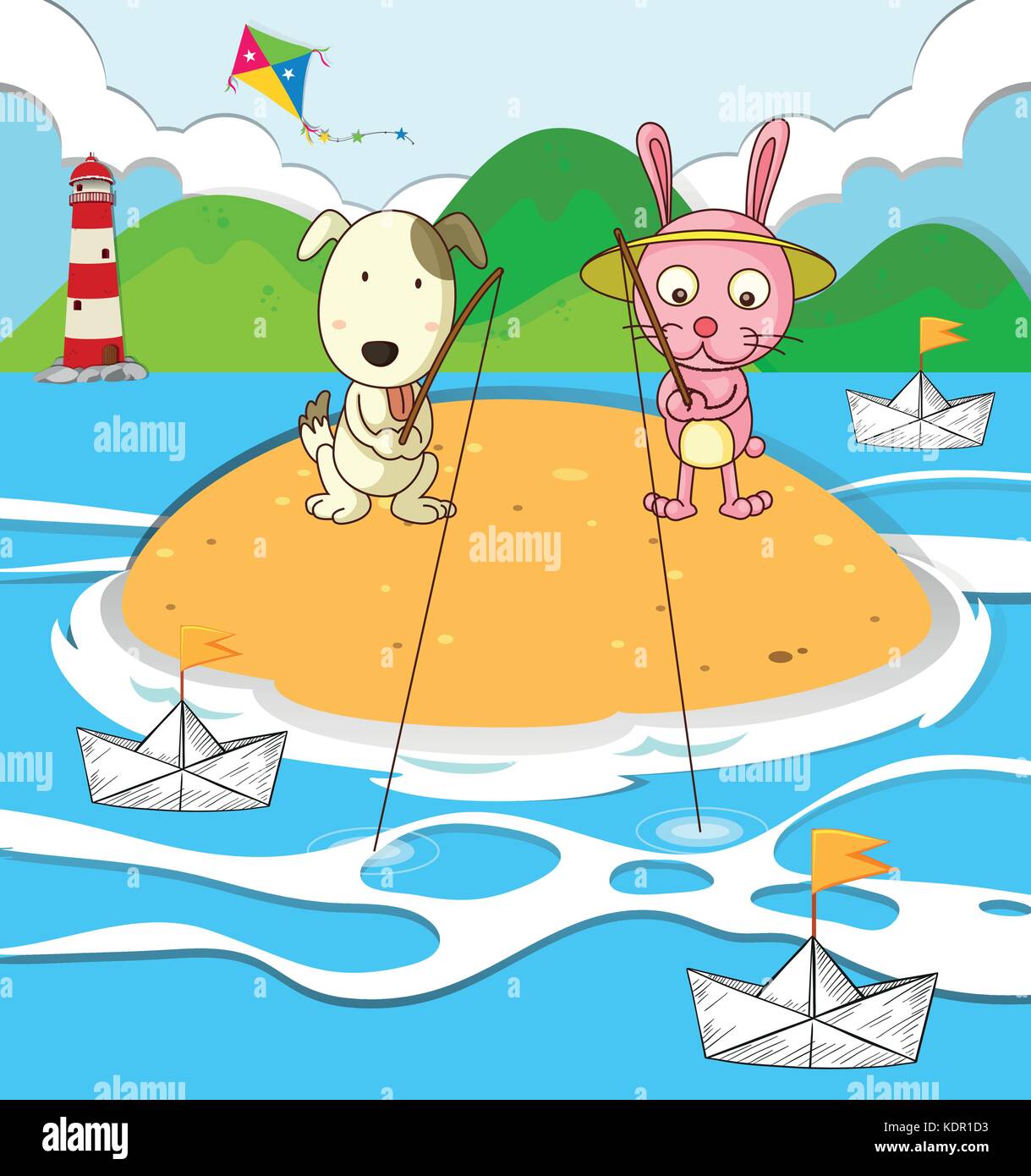 Dog and rabbit fishing on island illustration Stock Vector Image & Art ...