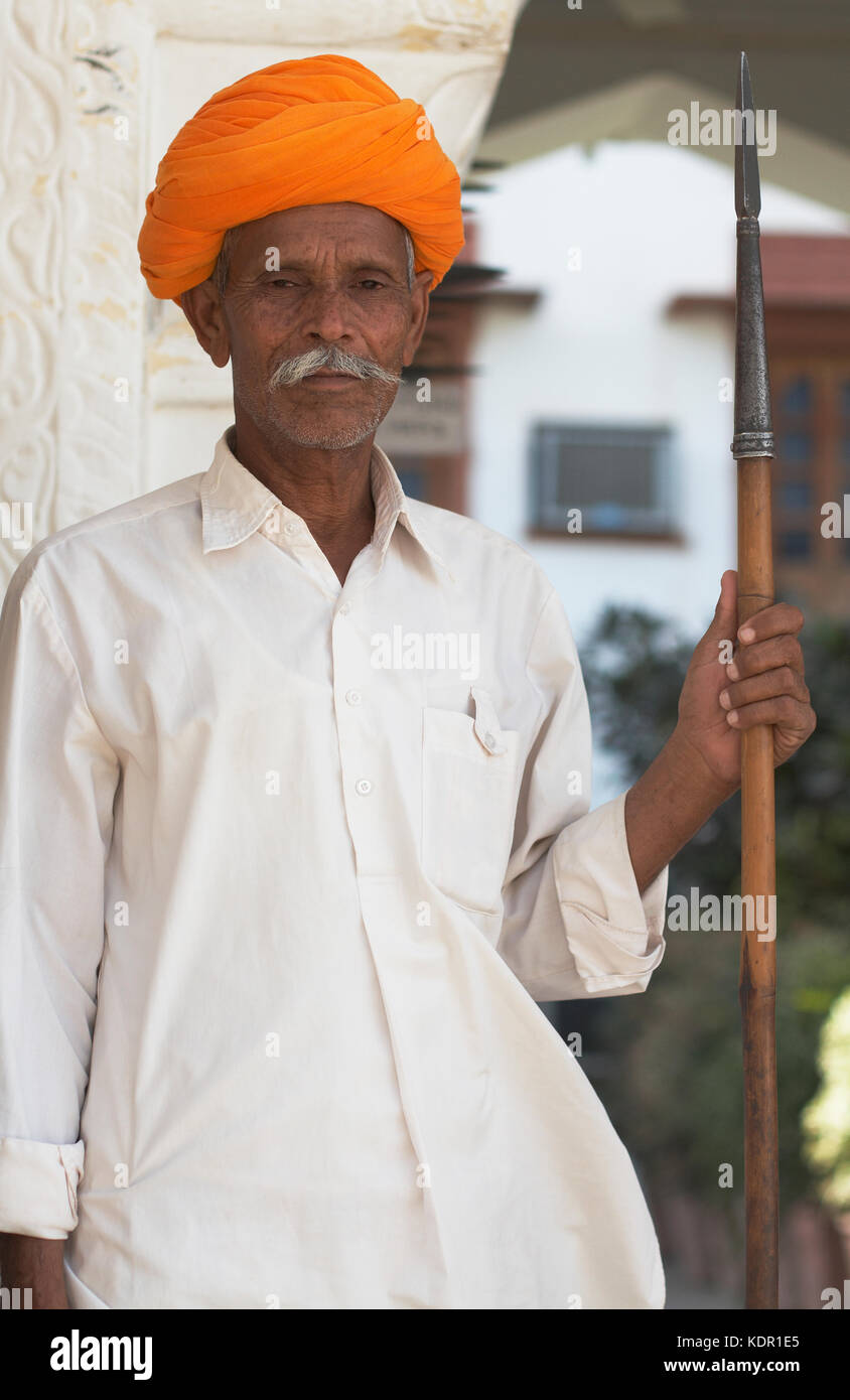 Rajput man standing guard with a Pike in Pushkar, Rajasthan, India ...