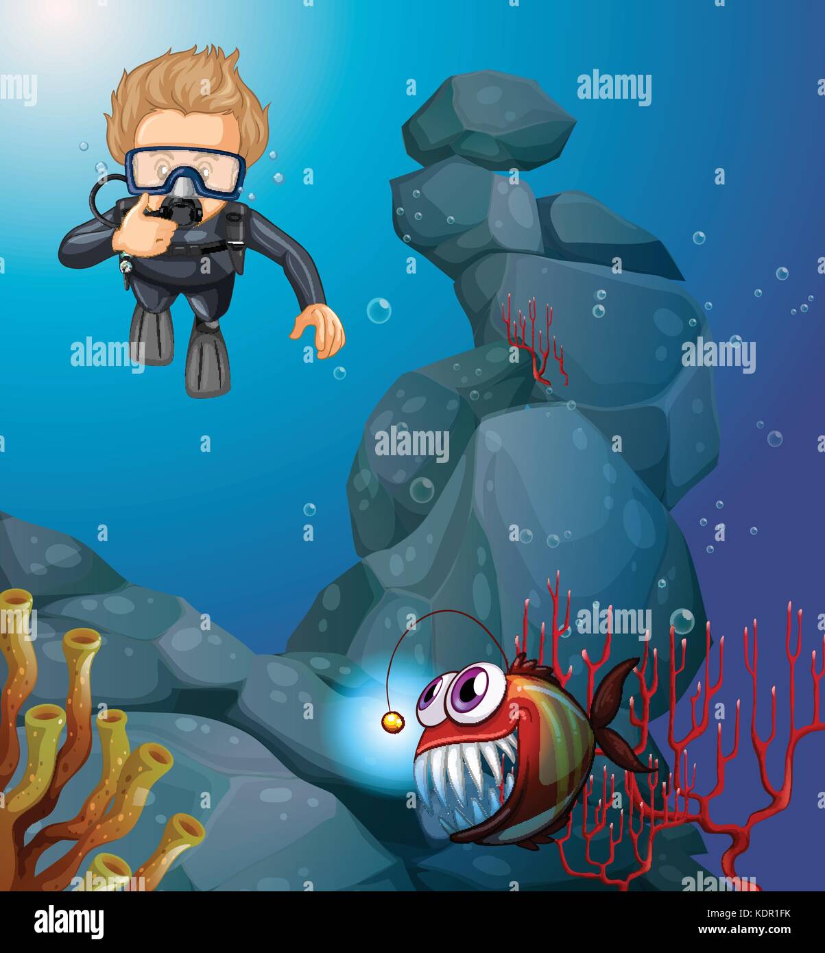 Diver diving in deep blue sea illustration Stock Vector Image & Art - Alamy