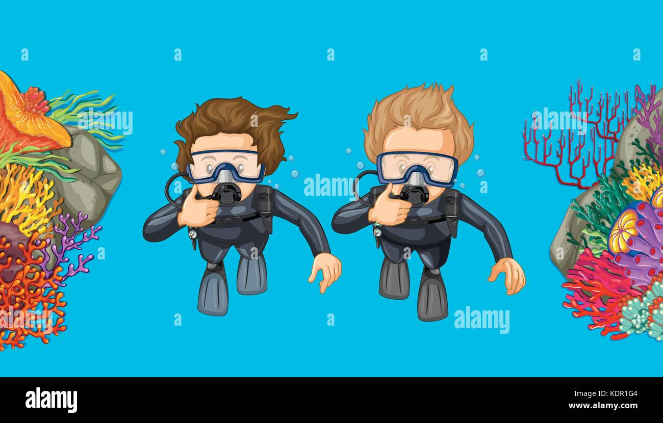 Two people scuba diving under the sea illustration Stock Vector Image ...