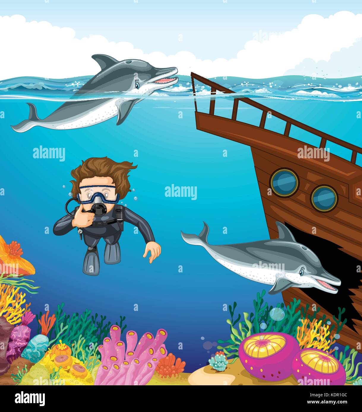 Man scuba diving with two dolphins illustration Stock Vector Image ...