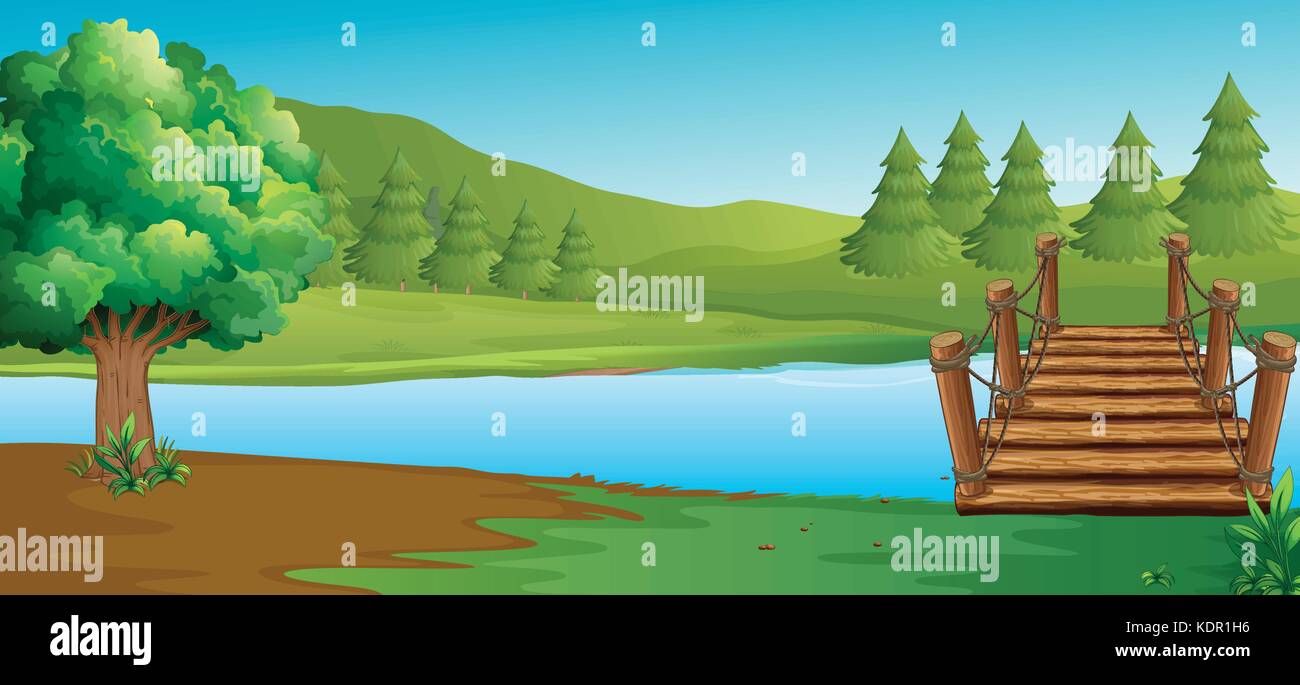 Scene with river and pine trees illustration Stock Vector Image & Art ...