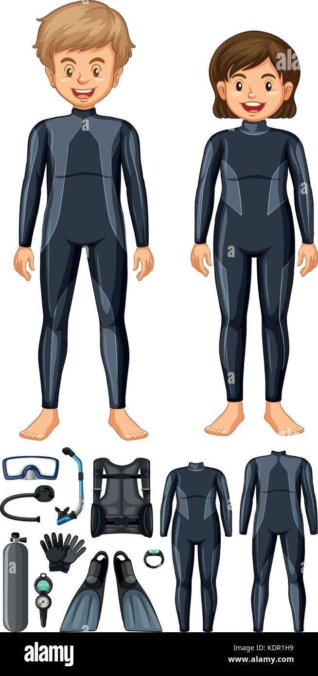 Man and woman with different scuba diving gears illustration Stock ...