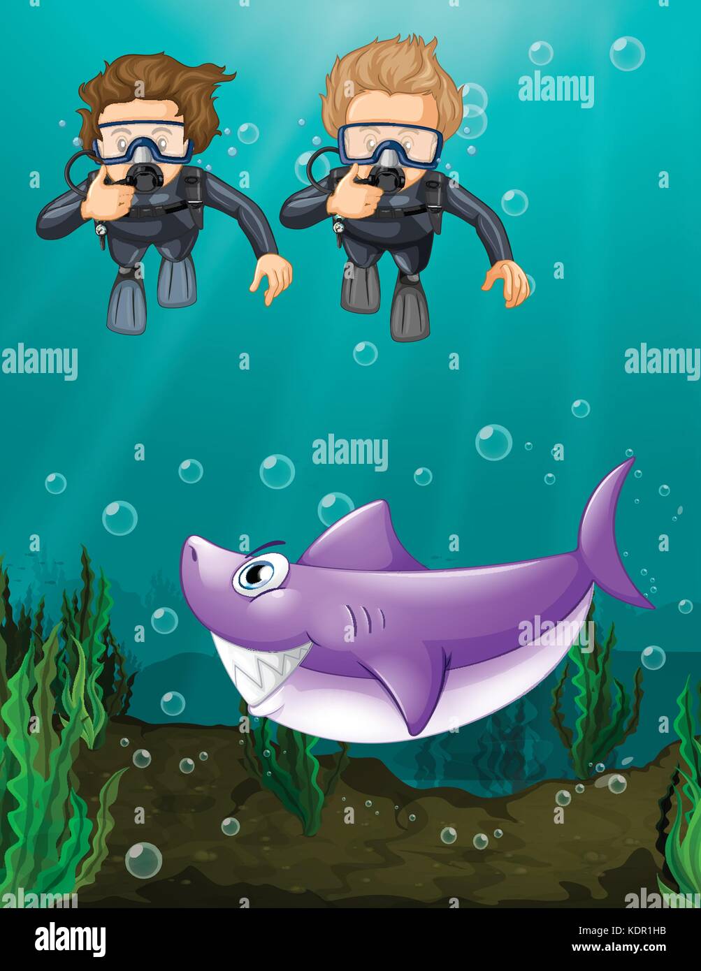 Two divers looking at shark underwater illustration Stock Vector Image ...