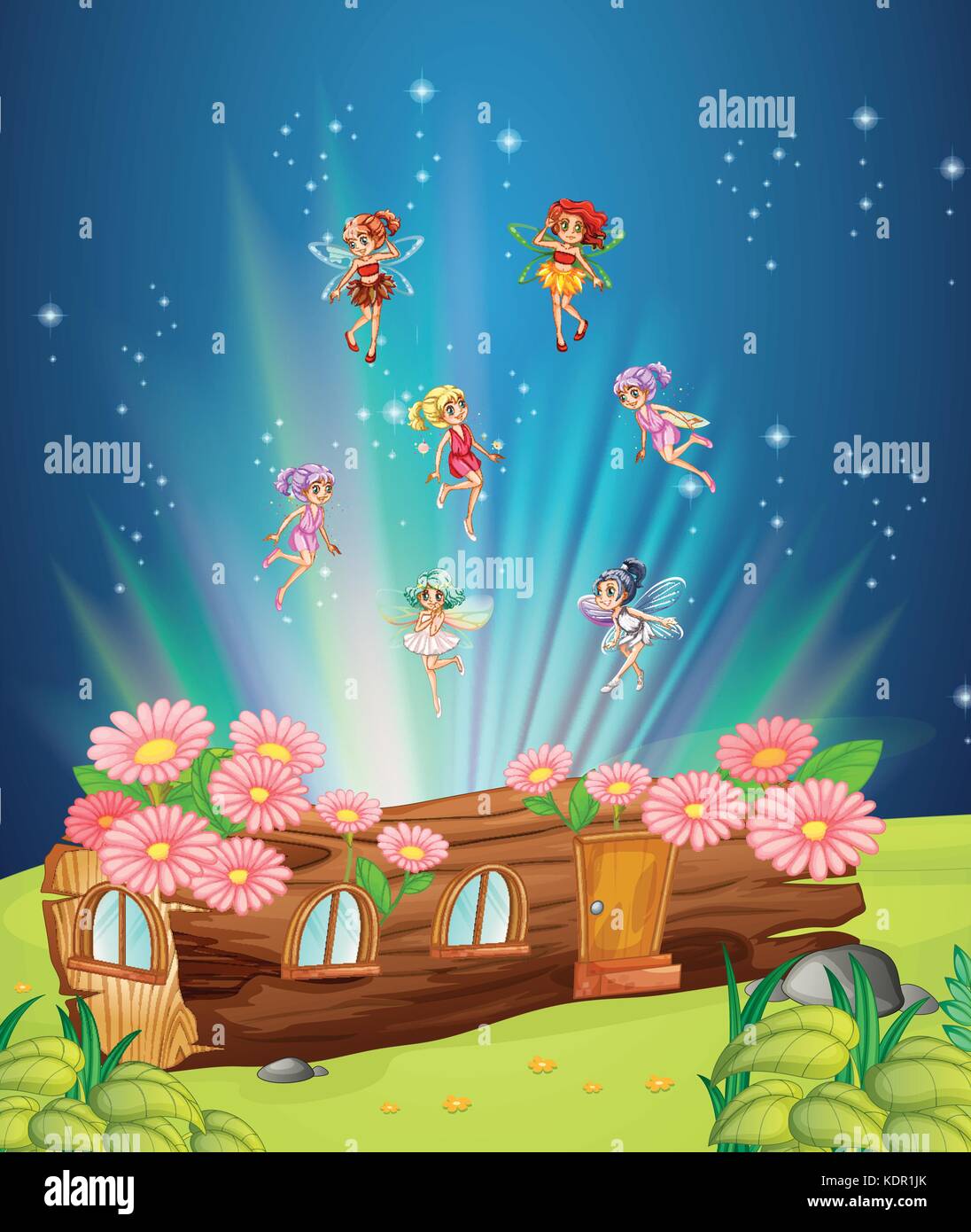 Fairies flying over the log house illustration Stock Vector Image & Art ...