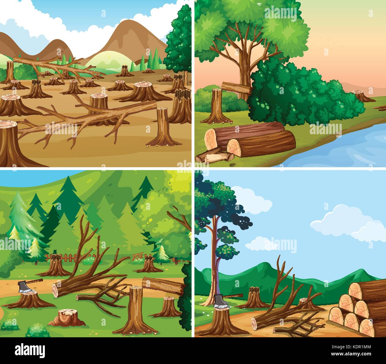 Four different scenes of deforestation illustration Stock Vector Image ...