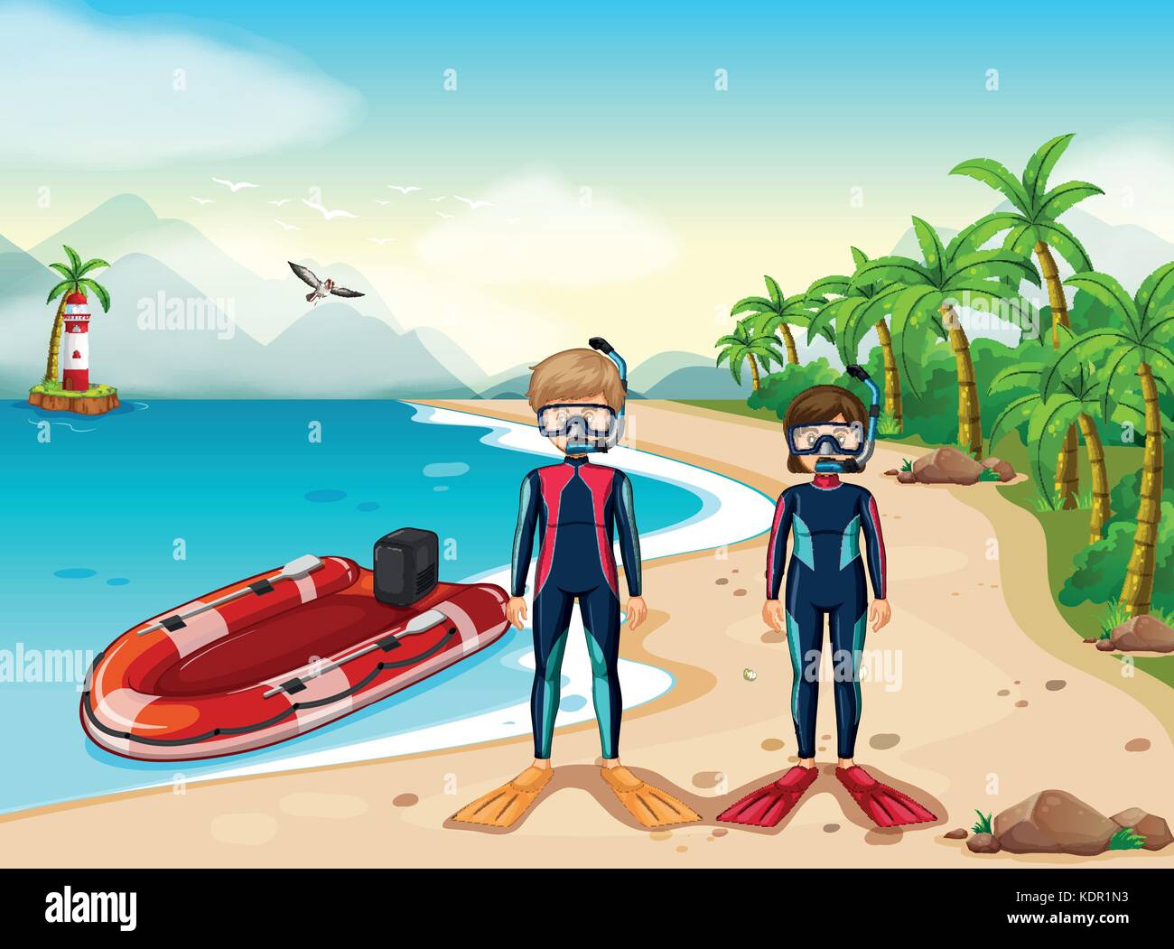 Two scuba divers and boat in the sea illustration Stock Vector Image ...