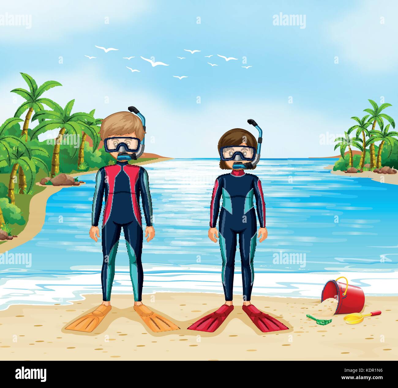 Two scuba divers in wetsuit standing on beach illustration Stock Vector ...