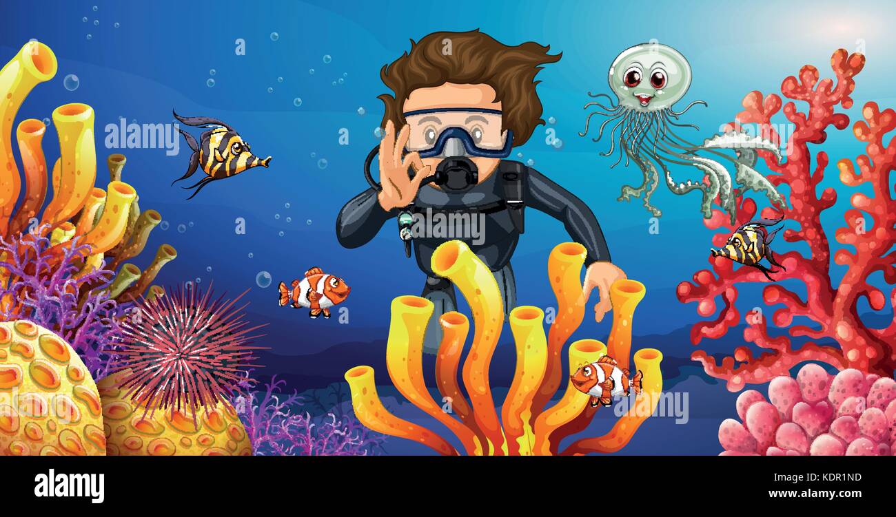 Diver diving underwater with many sea animals illustration Stock Vector ...