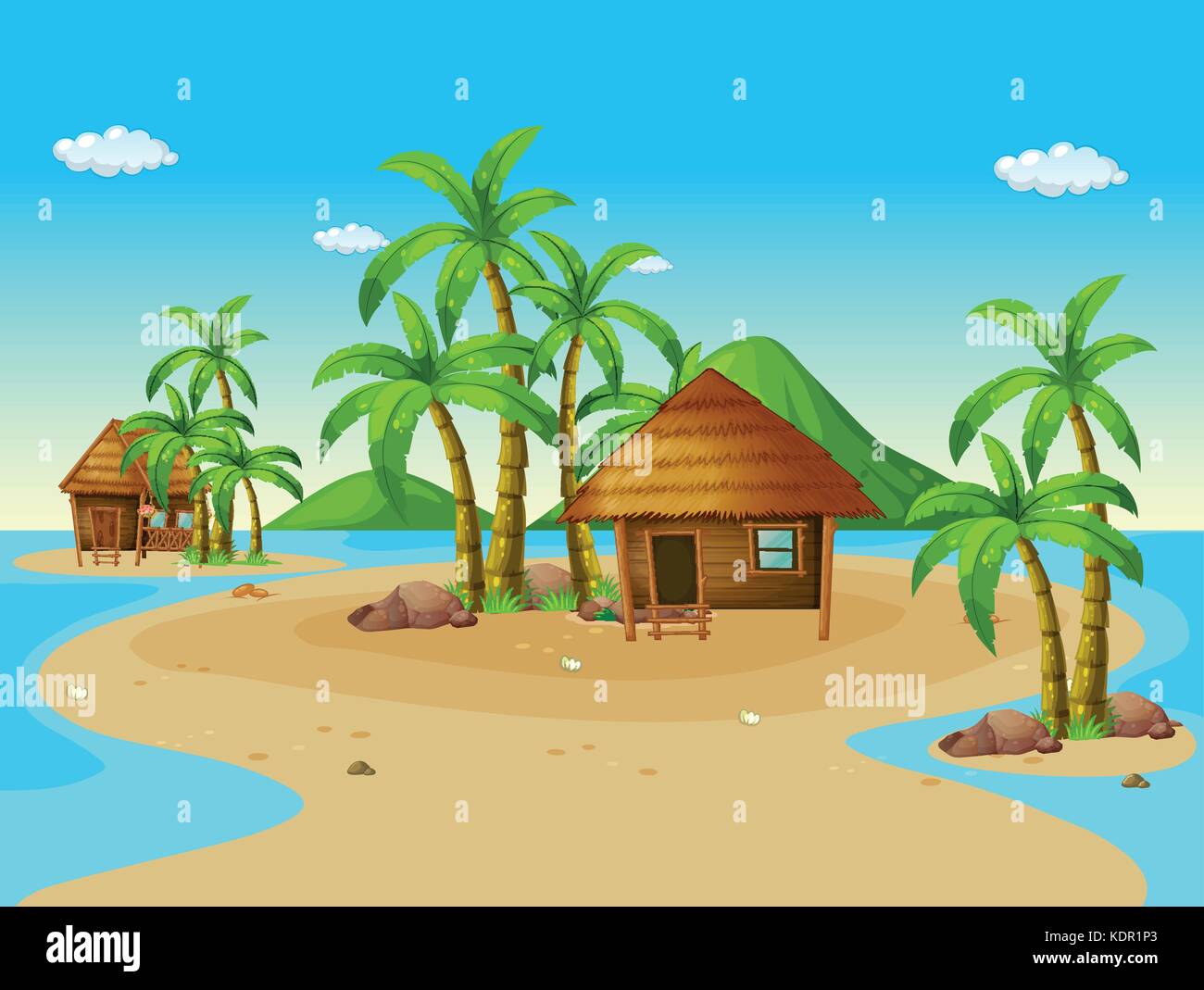 Scene with wooden huts on island illustration Stock Vector Image & Art ...