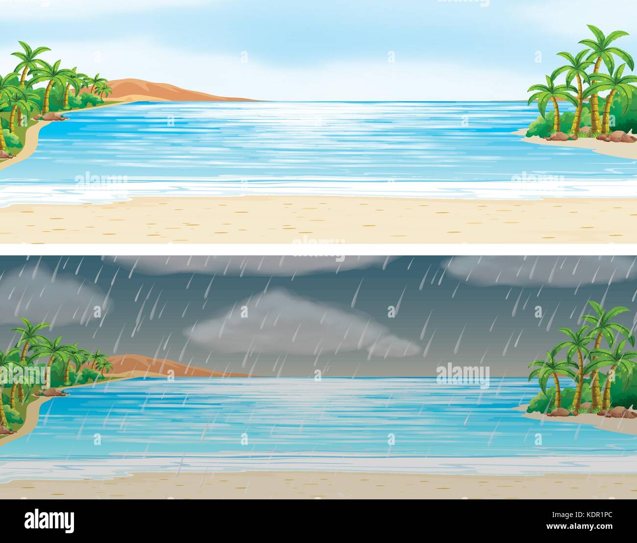 Two scenes of ocean on sunny and rainy days illustration Stock Vector ...