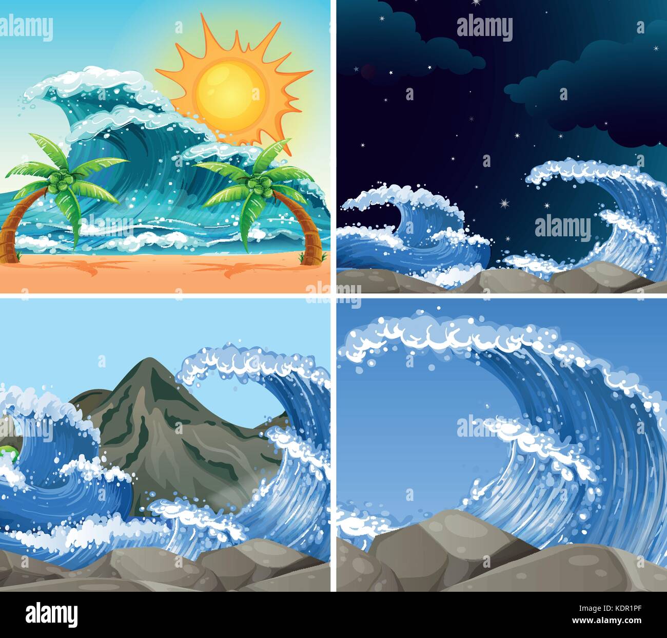 Ocean scenes with big waves day and night illustration Stock Vector ...