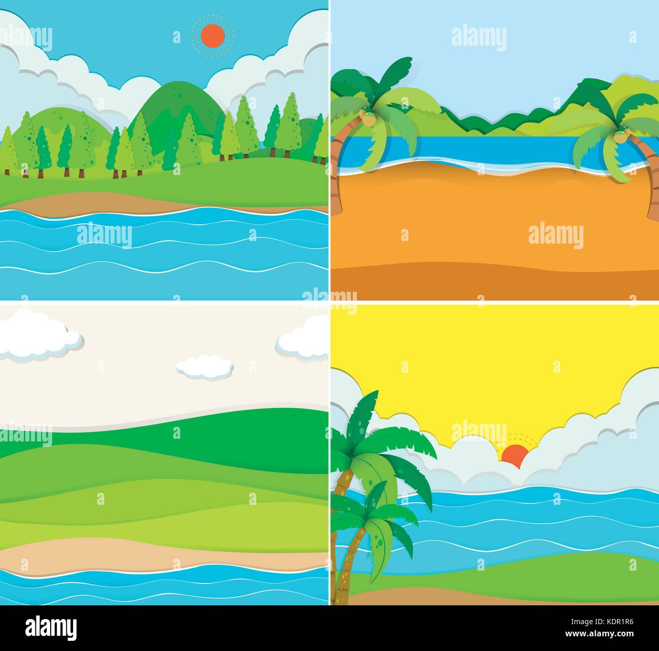 Four scenes of beach and river illustration Stock Vector Image & Art ...