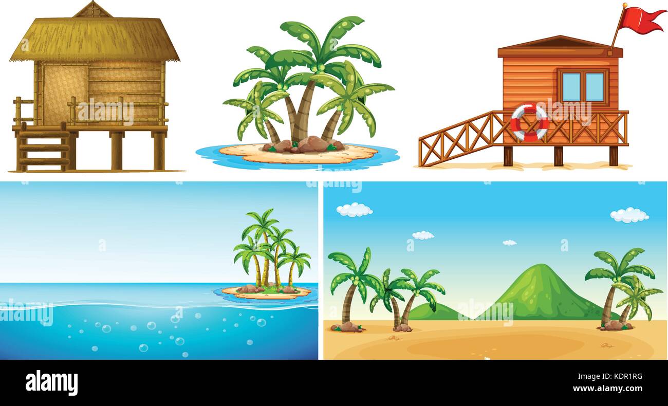 Ocean scenes with island and lifeguard house illustration Stock Vector ...
