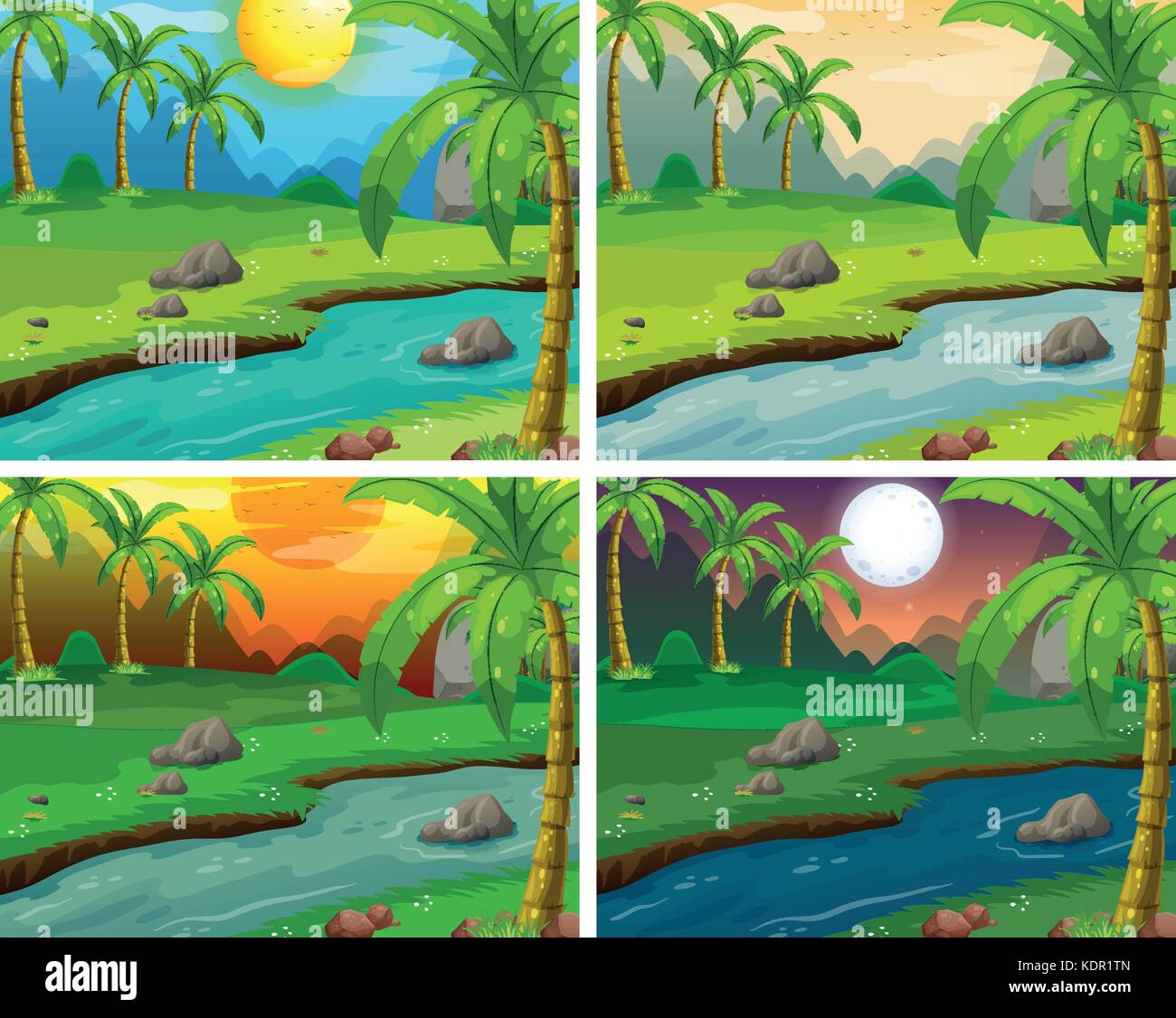 River scenes at four different times illustration Stock Vector Image ...