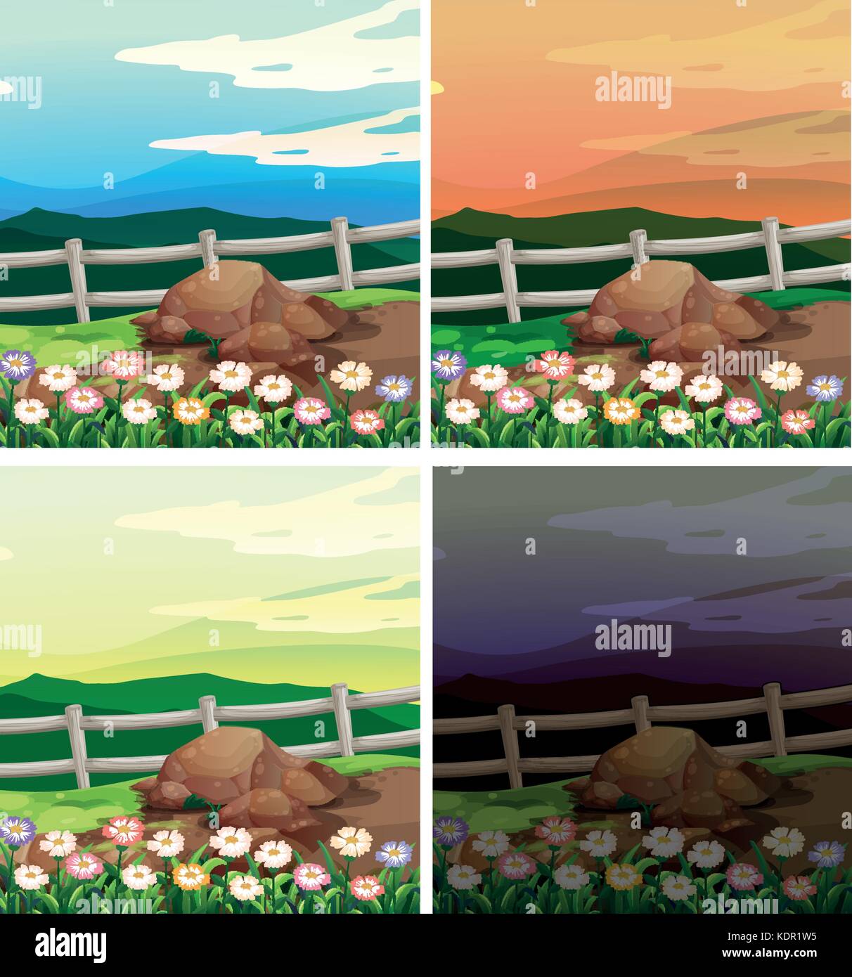 Countryside scenes with four different sky colors illustration Stock ...