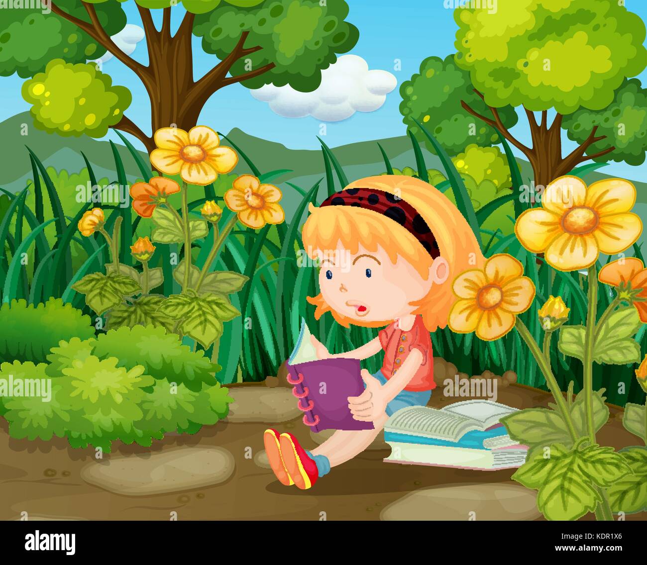 Little girl reading books in flower garden illustration Stock Vector ...