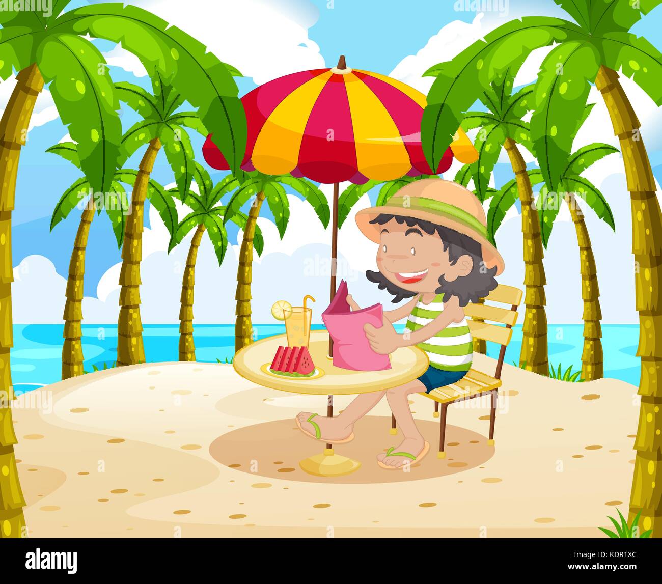 Woman reading book on the beach illustration Stock Vector Image & Art ...