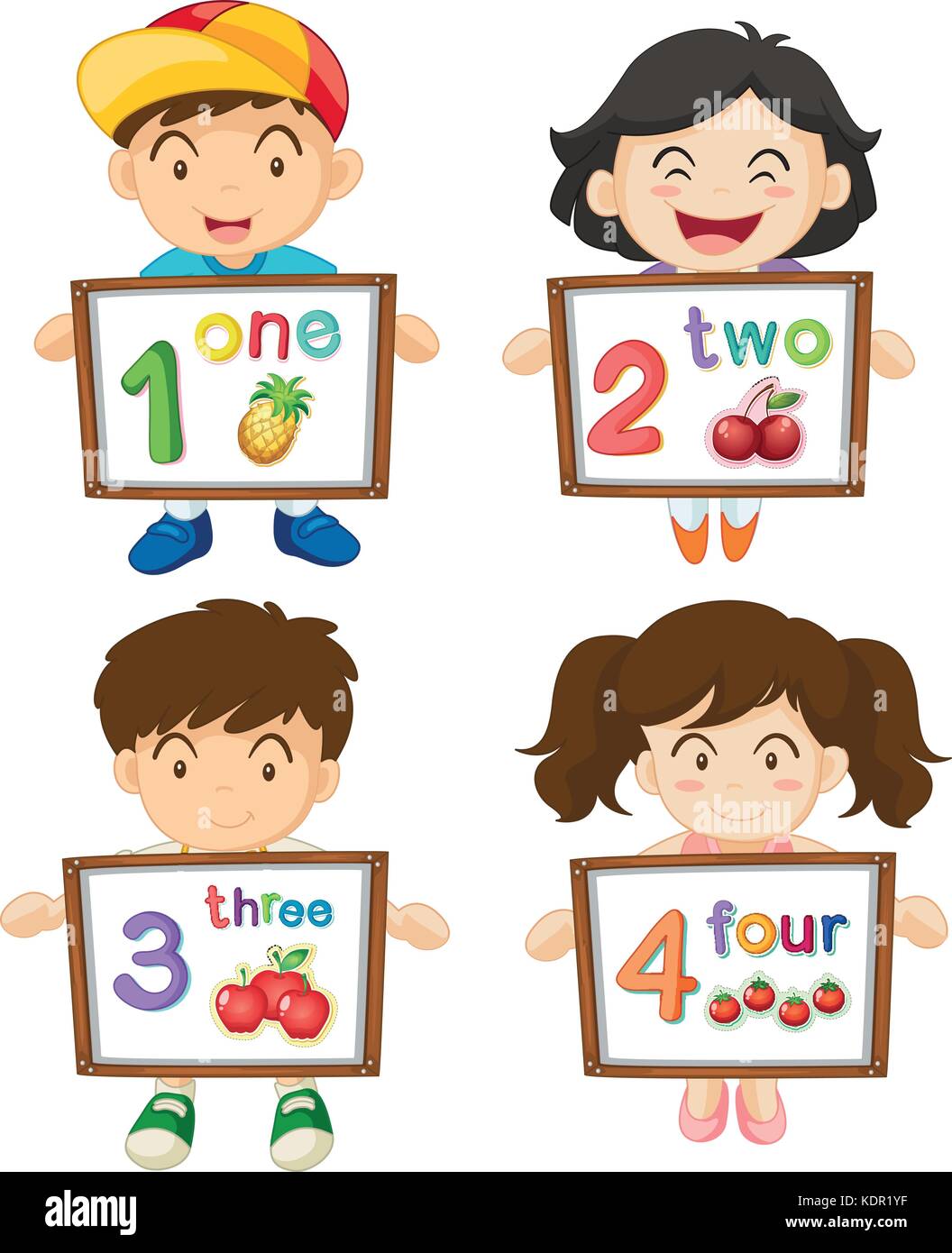Children with numbers one to four on boards illustration Stock Vector ...