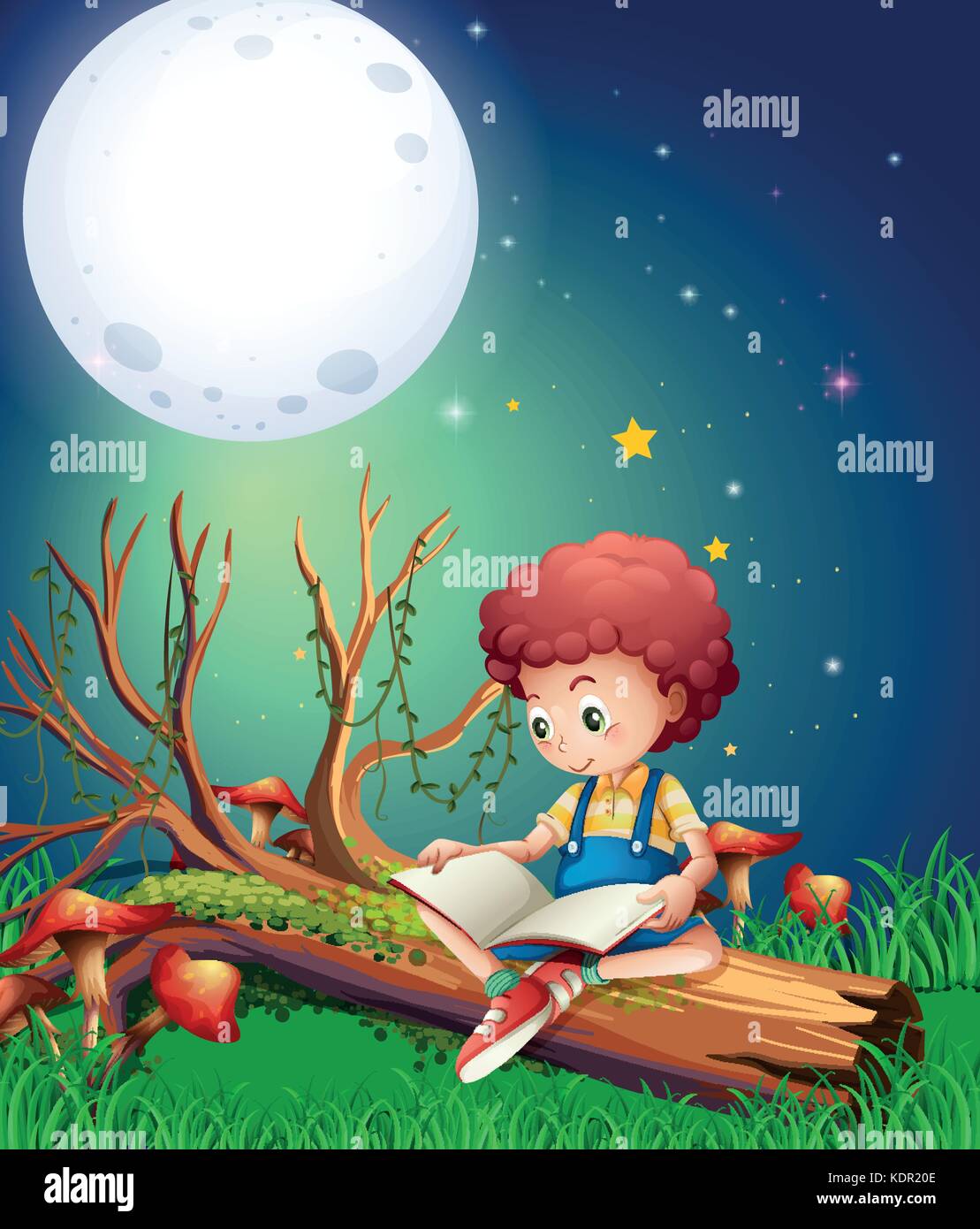Little boy reading book in garden at night illustration Stock Vector ...