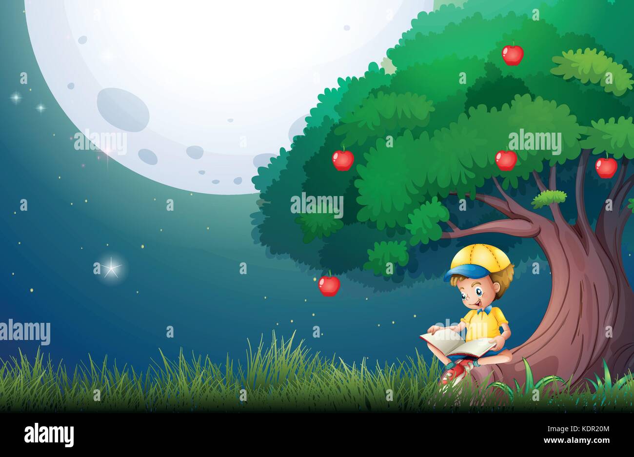 Boy reading book under apple tree illustration Stock Vector Image & Art ...