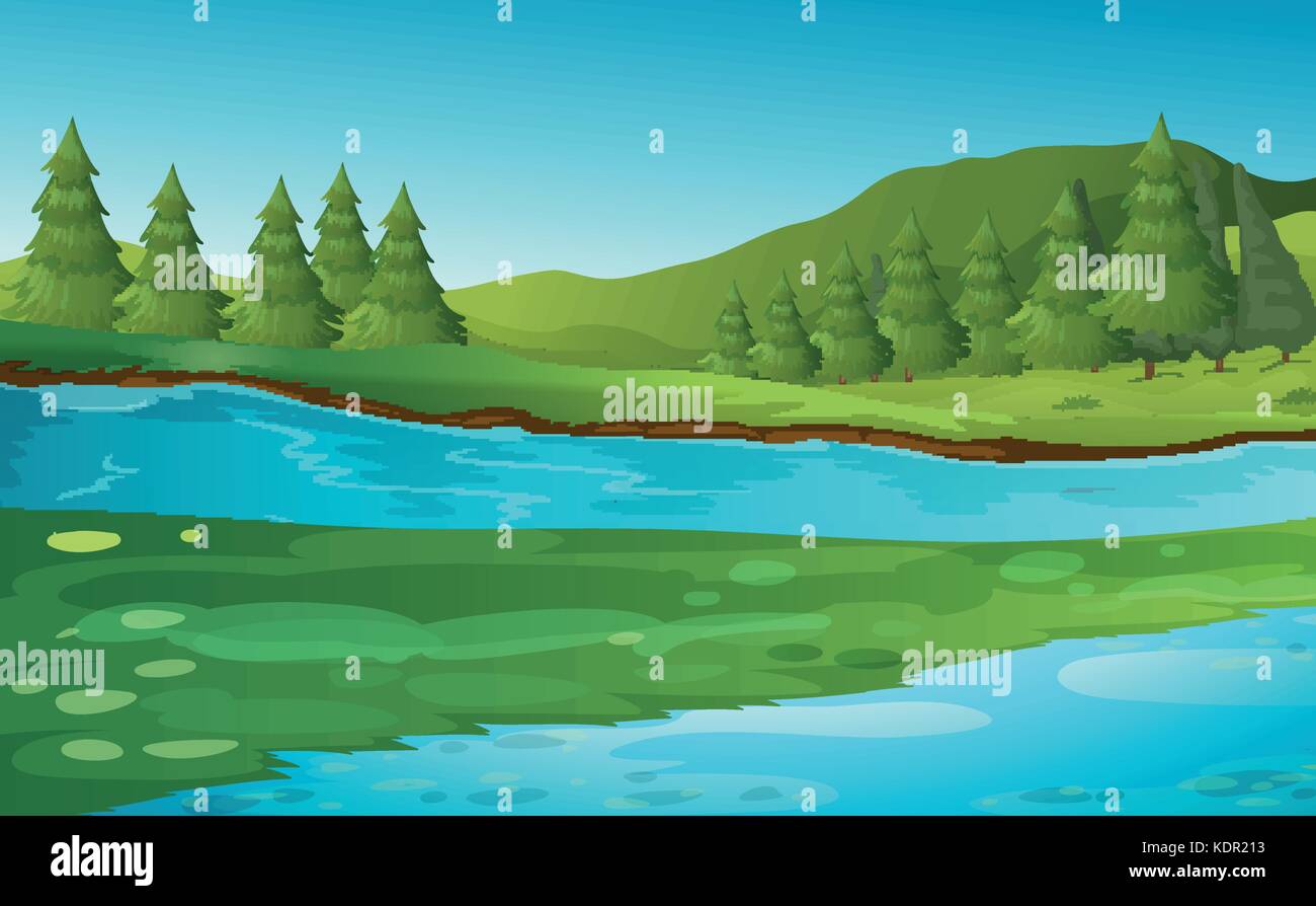 Scene with pine trees by the river illustration Stock Vector Image ...