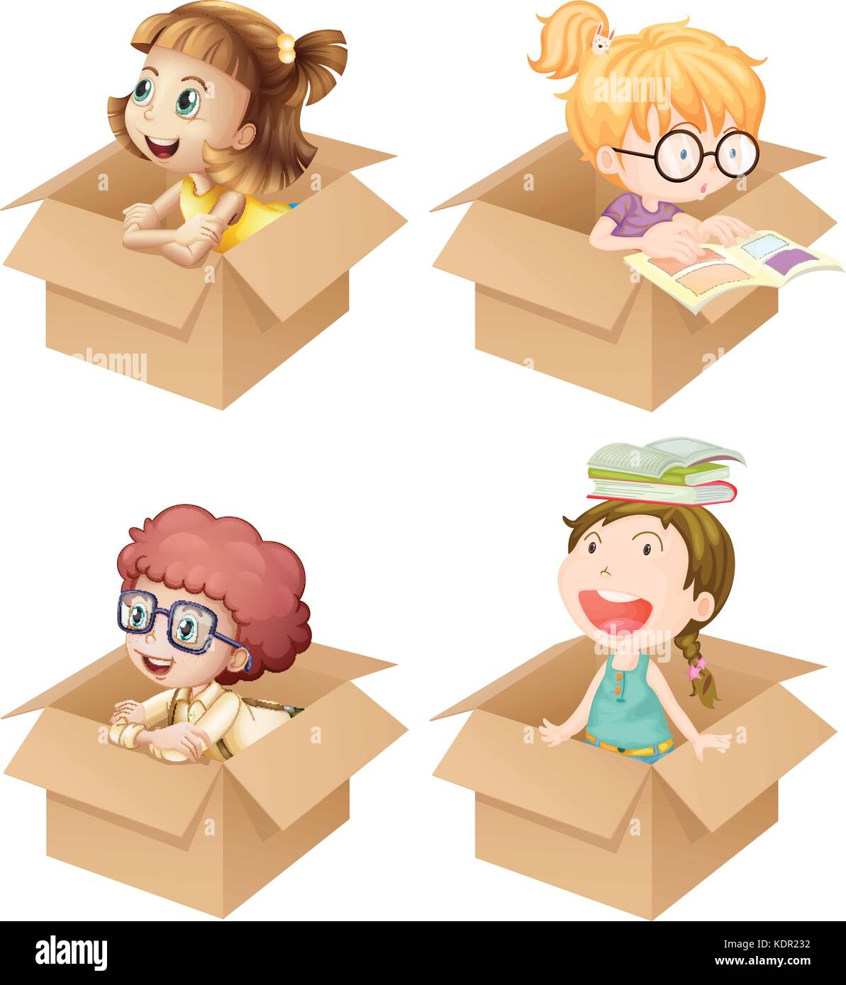 Little girls in cardboard boxes illustration Stock Vector Image & Art ...