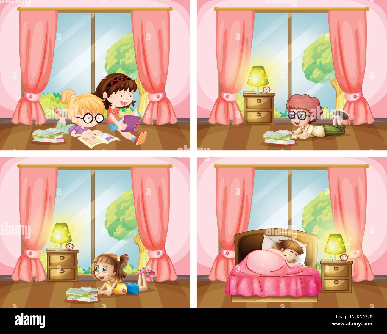 Children reading books and sleeping in bedroom illustration Stock ...