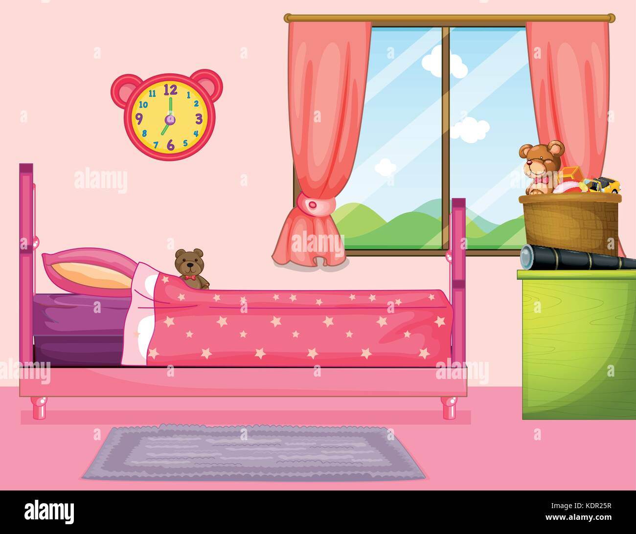 Bedroom with pink bed and curtain illustration Stock Vector Image & Art ...