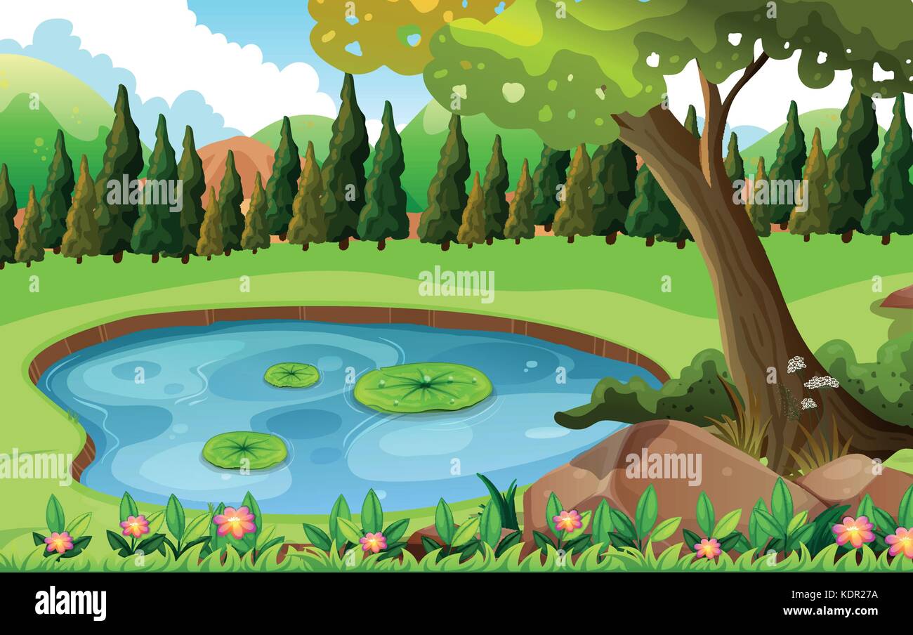 Scene with pond in the field illustration Stock Vector Image & Art - Alamy